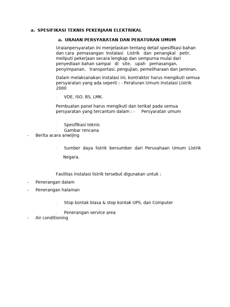 Spesifikasi Teknis Pekerjaan Elektrikal | PDF