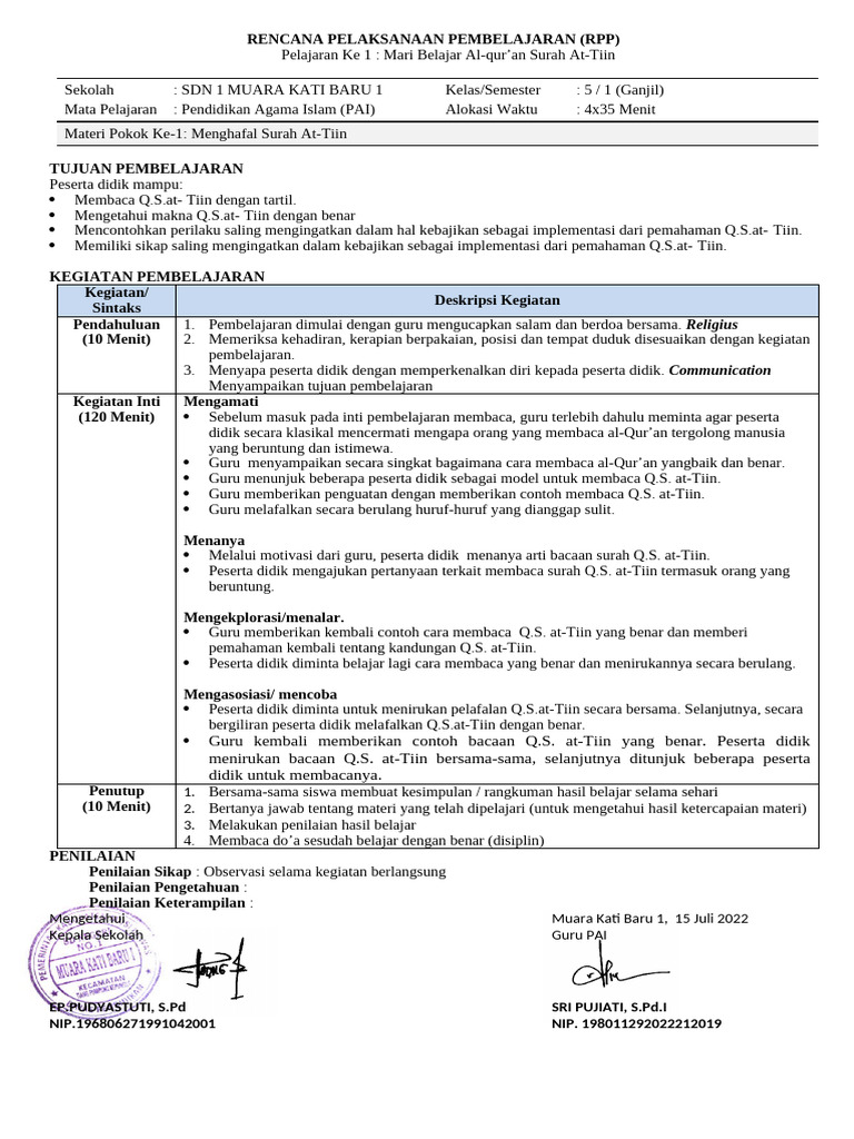 RPP PAI Kelas 5 SEM 1 | PDF