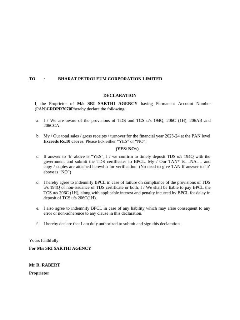 TDS Declaration - 194Q | PDF