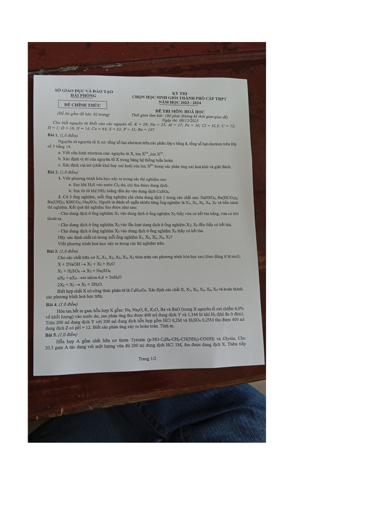 2023-2024 HSG 12 Hải Phòng File Ảnh Đề | PDF