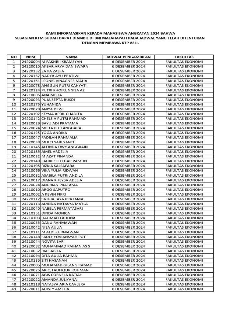 Jadwal Pengambilan KTM Bni | PDF