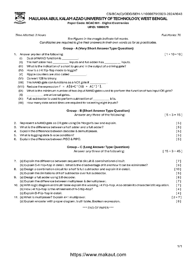 Bca 1 Sem Digital Electronics Bcac101 2024 (1) | PDF