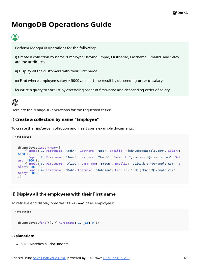 MongoDB Operations Guide | PDF | Mongo Db | Java Script MongoDB Operations Guide | PDF | Mongo Db | Java Script