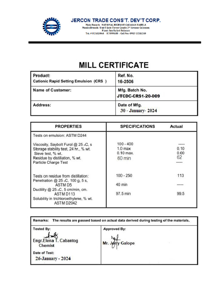 CRS MILL CERTIFICATE | PDF