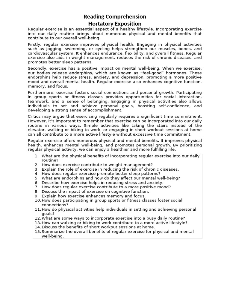 Soal Essay Hortatory Exposition | PDF | Physical Fitness | Mental Health