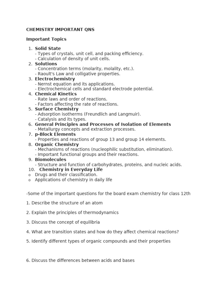 CHEMISTRY IMPORTANT QNS | PDF | Chemical Reactions | Chemistry