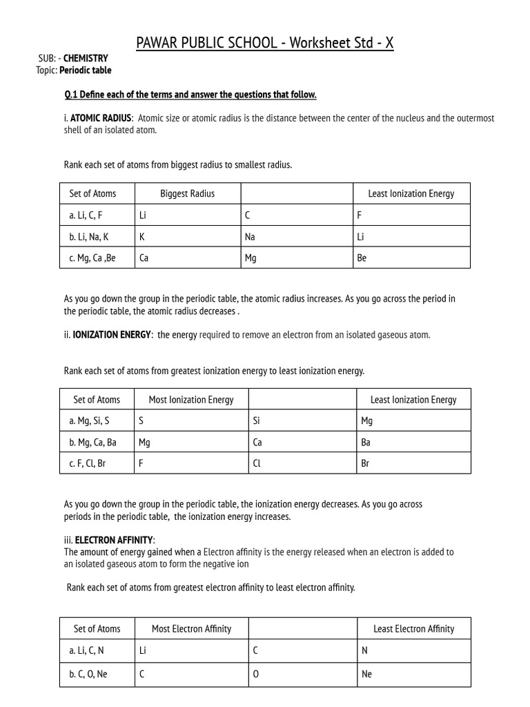 Chemistry Worksheet - Periodic Table | PDF | Periodic Table | Chemical ...