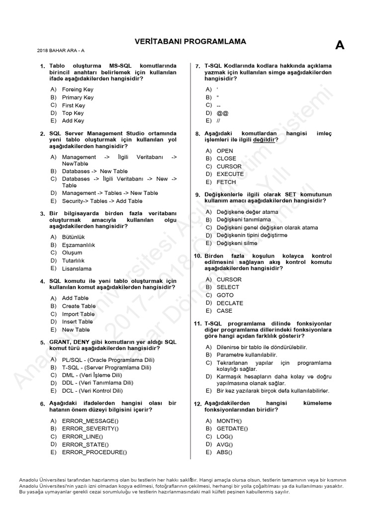 Veri Tabanı Programlama - 2018 BAHAR ARA | PDF