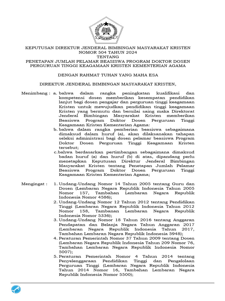 SK 504 Tahun 2024 Tentang Penetapan Jumlah Pelamar Beasiswa Program Doktor Dosen PTKK Kemenag | PDF