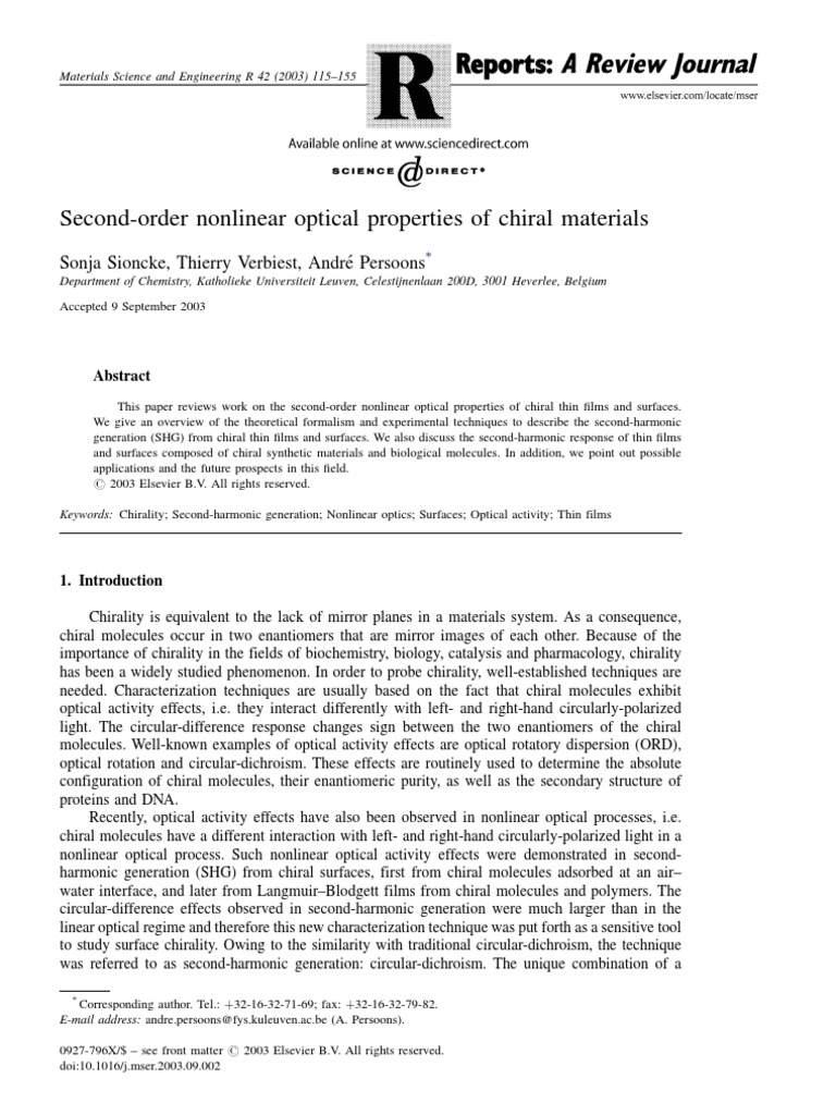 Second-Order Nonlinear Optical Properties of Chiral Materials | PDF | Polarization (Waves ...