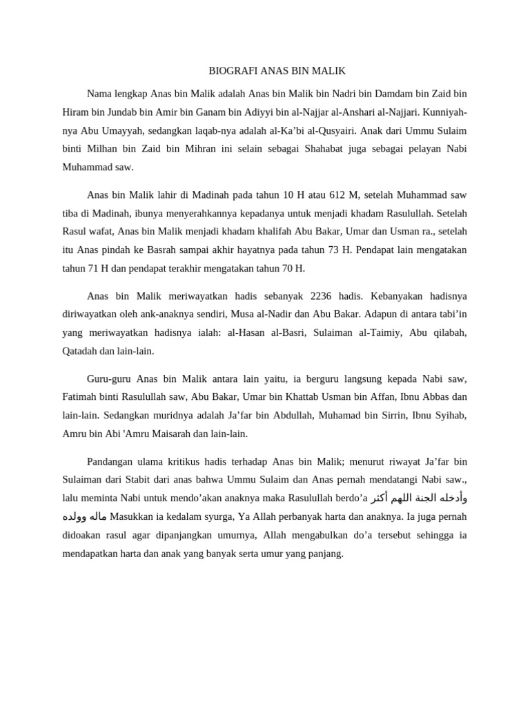 Biografi Anas Bin Malik Dan Malik Bin An | PDF