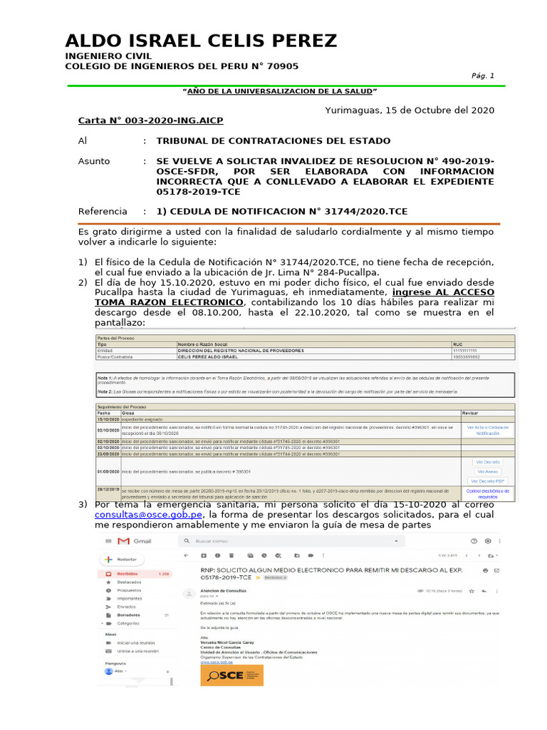 Carta N° 003-2020 - Descargo al Resolucion de OSCE | PDF