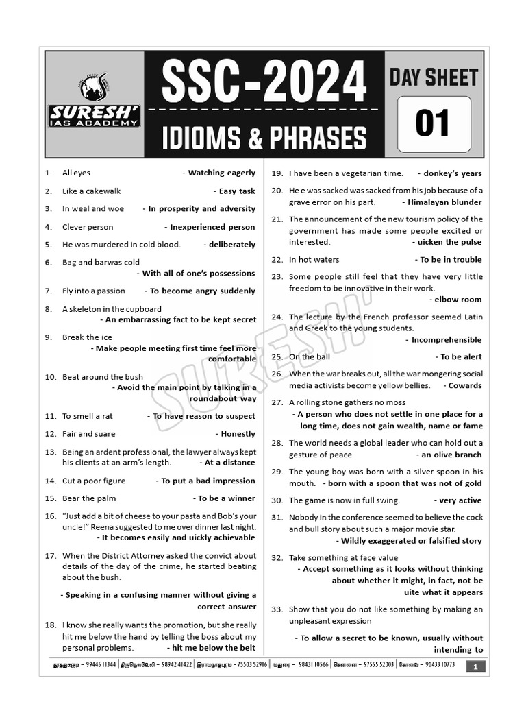 SSC - Day Sheet - 01 (Idioms & Phrases) | PDF