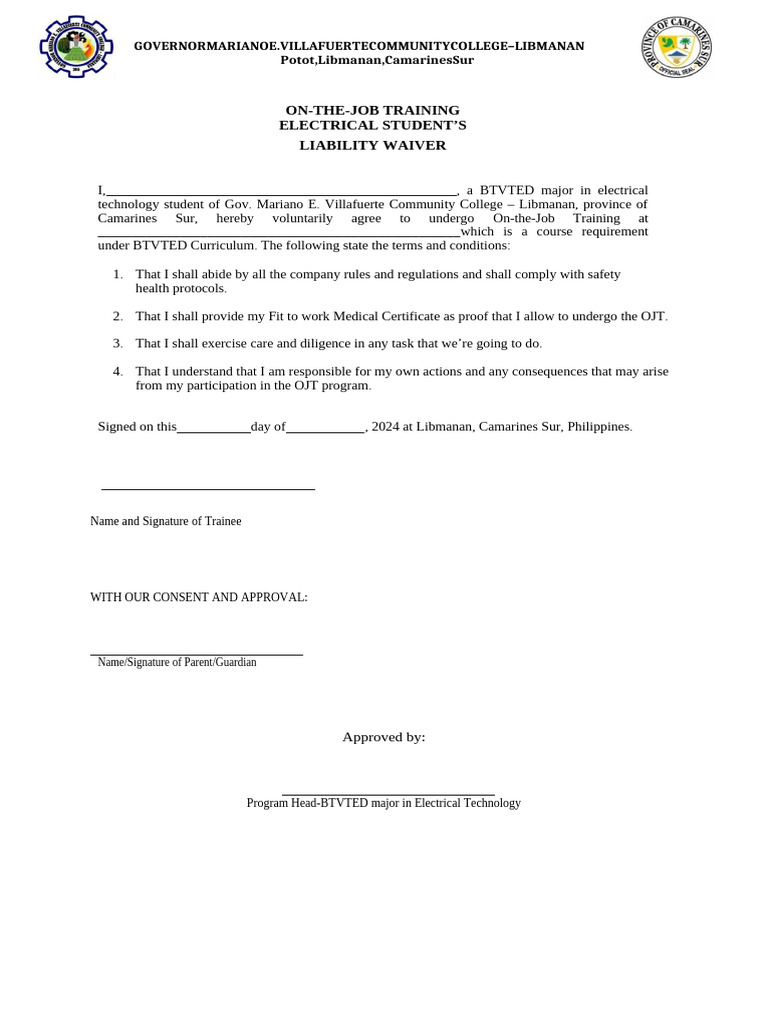 Electrical Student OJT Liability Waiver | PDF