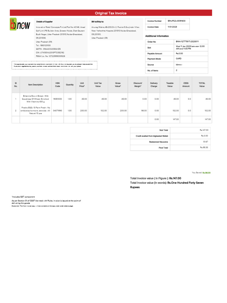 Tax Invoice for Grocery Order 11 Jan 2023 | PDF | Invoice | Payments
