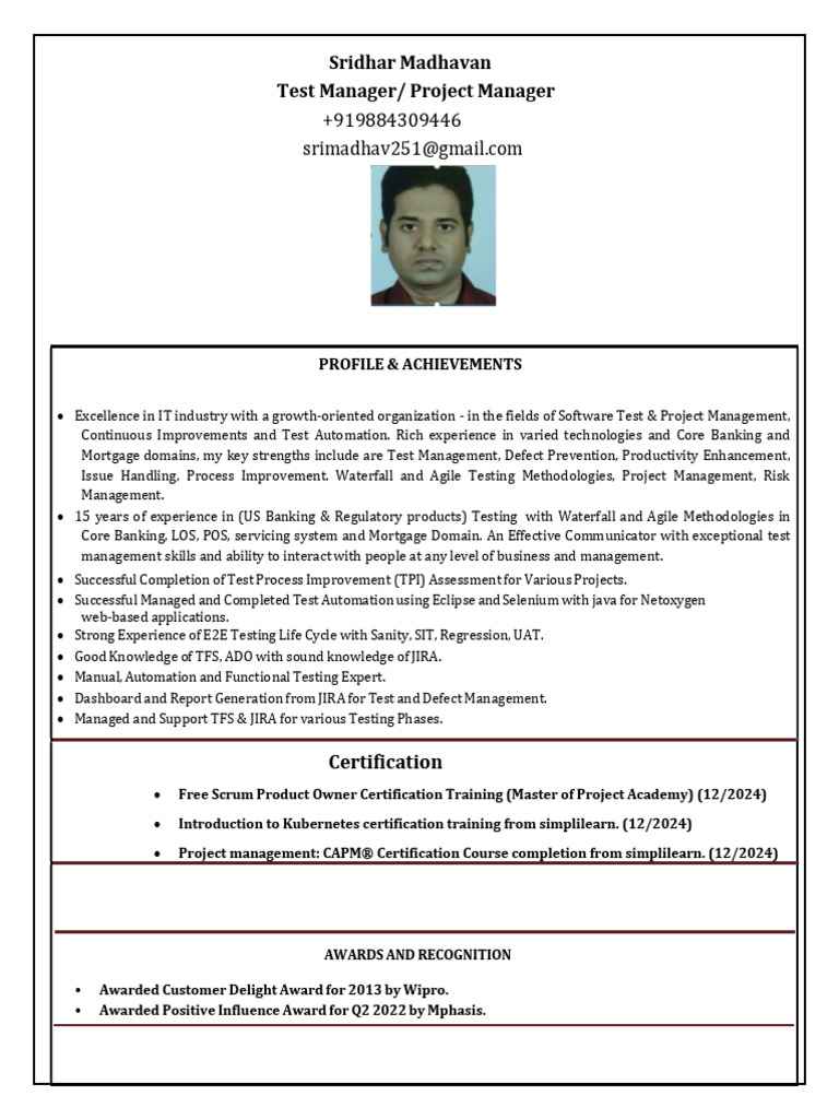 Profile - Sridhar M - 18 Years | PDF | Scrum (Software Development ...