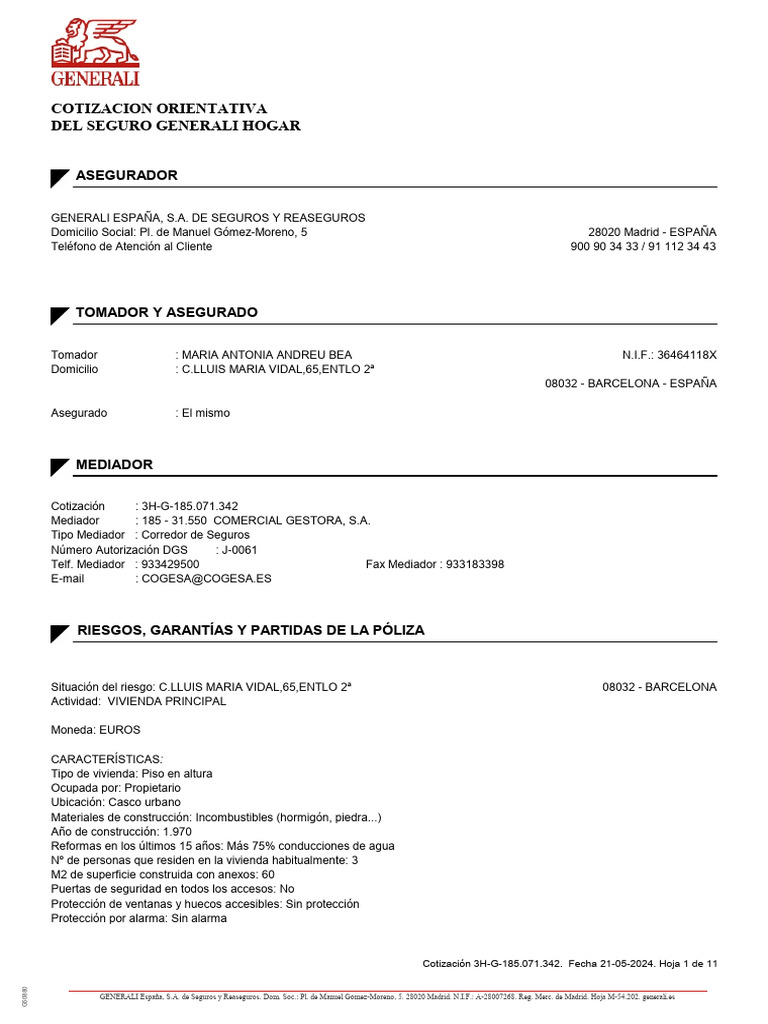 GENERALI 293,58 € | PDF | Seguro | Póliza de seguros