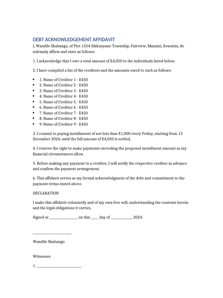 Debt Acknowledgement Affidavit | PDF