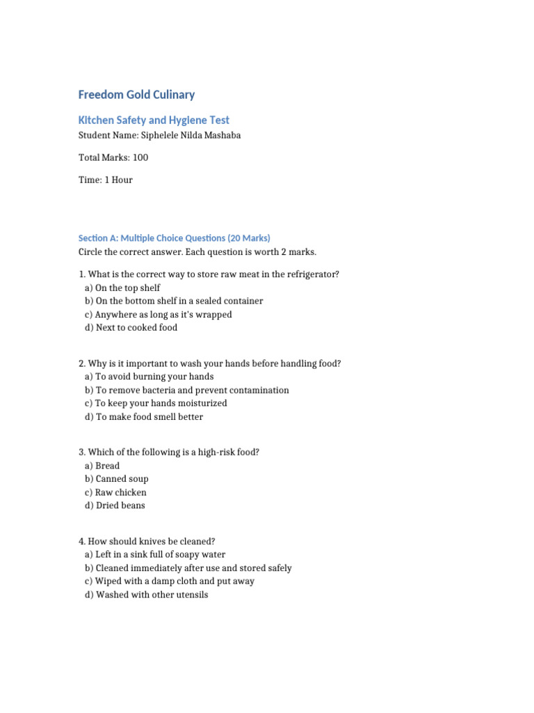 Kitchen Safety & Hygiene Test Guide | PDF | Hygiene | Kitchen