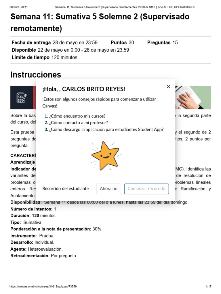 Semana 11 - Sumativa 5 Solemne 2 (Supervisado Remotamente) - 202305.1857 - INVEST. de ...