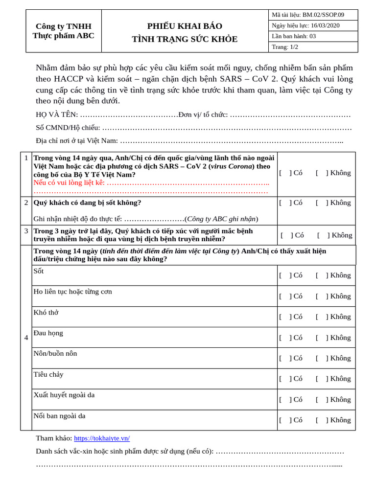 BM02.SSOP-09- Phiếu khai báo tình trạng sức khỏe (2020) | PDF