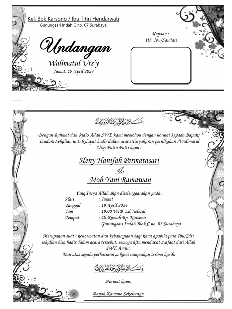 Undangan Walimatul Ursy 19 April 2024 | PDF