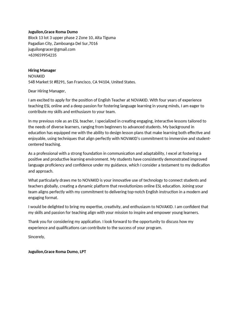 cover letter novakid | PDF