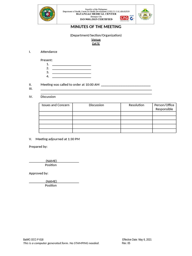 Minutes of Meeting Official Format | PDF