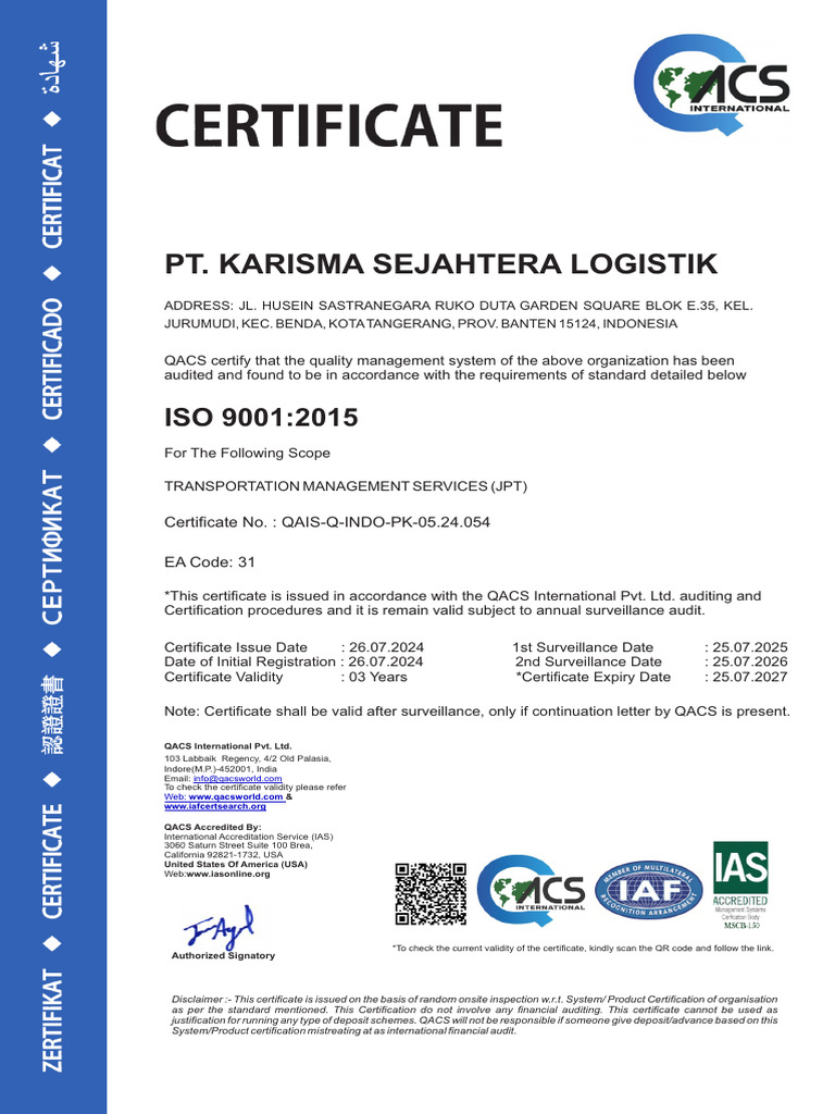 ISO PT. KARISMA 9001 IAS | PDF