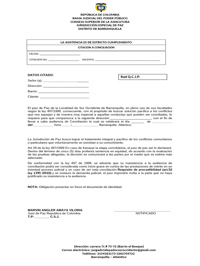 Modelo Citacion Juez de Paz Marvin Amaya | PDF | Separación de poderes | Ley Pública