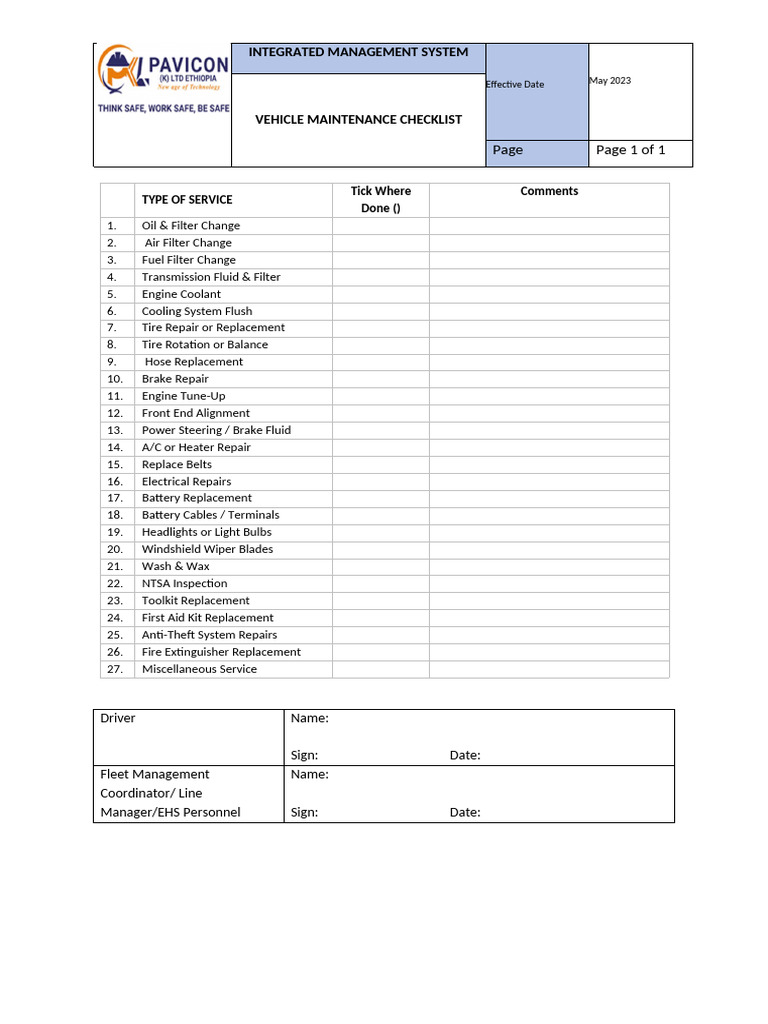 Vehicle Maintenance Checklist | PDF