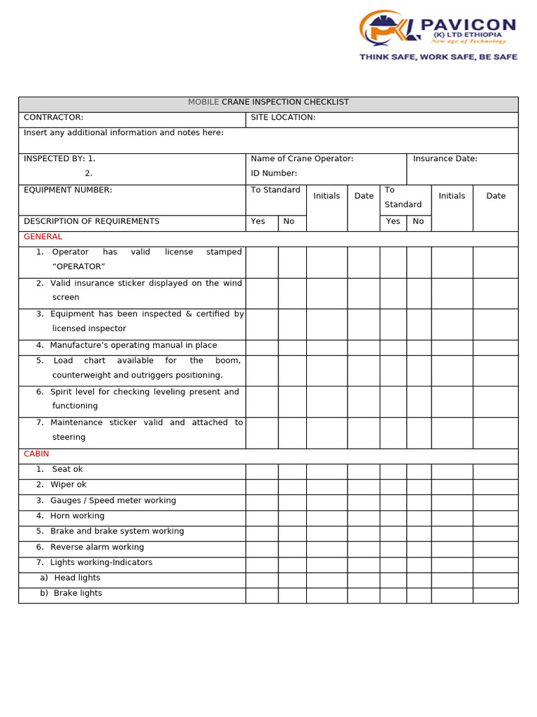 Mobile Crane Inspection Checklist | PDF | Crane (Machine ...