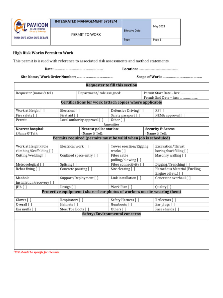 High Risk Permit To Work Form | PDF | Personal Protective Equipment ...