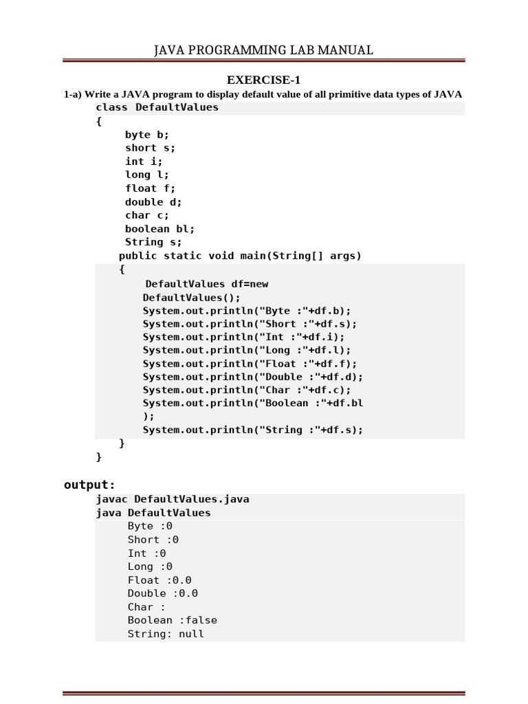 JAVA LAB MANUAL | PDF | Integer (Computer Science) | Boolean Data Type JAVA LAB MANUAL | PDF | Integer (Computer Science) | Boolean Data Type