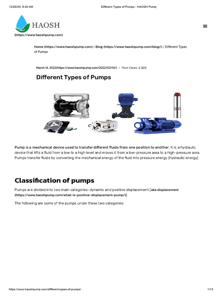 Different Types of Pumps - HAOSH Pump | PDF | Pump | Gases