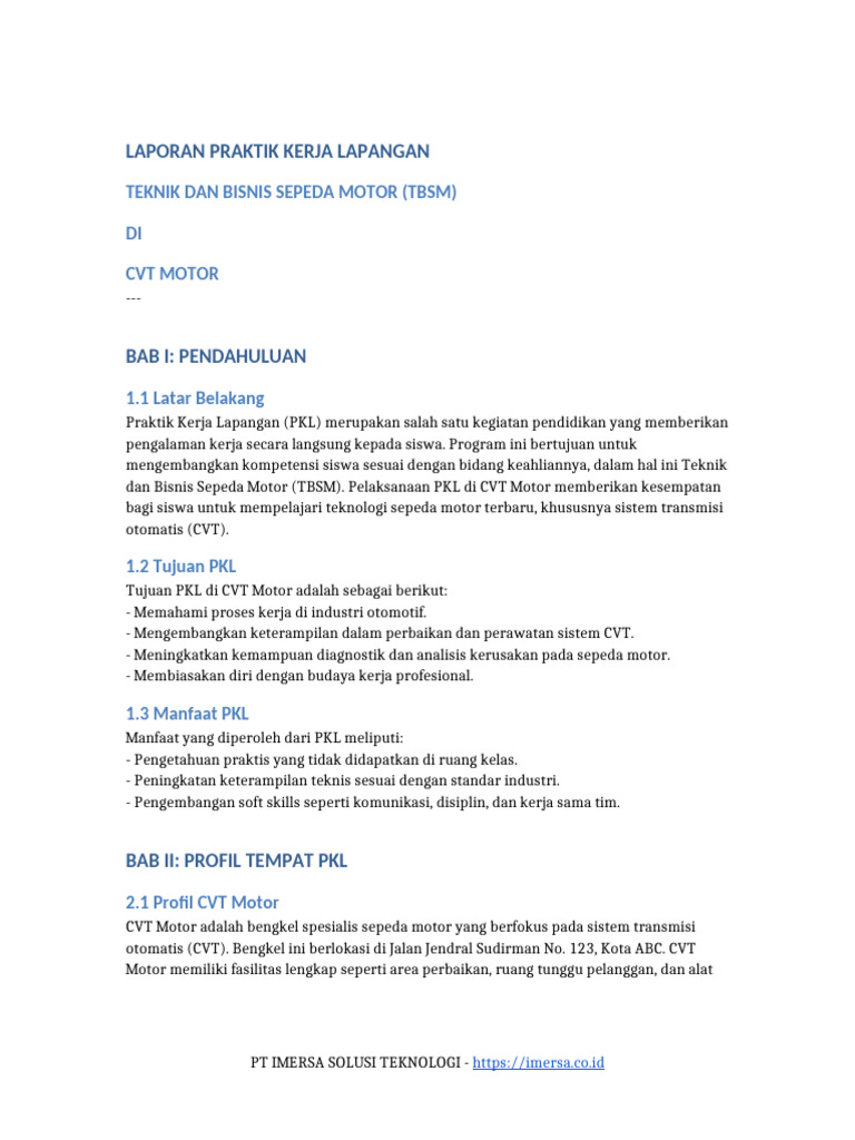 Laporan PKL TBSM CVT | PDF