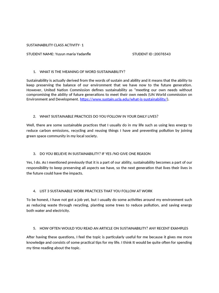 SUSTAINABILITY CLASS ACTIVITY-1 Answer | PDF