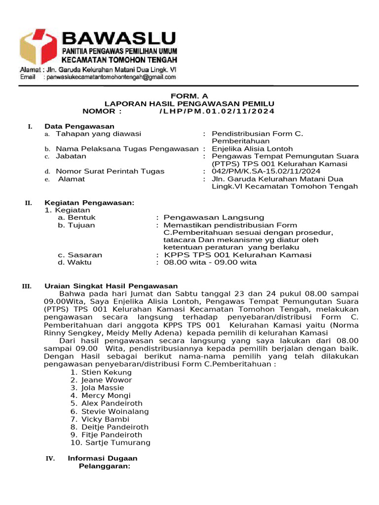 LHP PTPS 1 - Kamasi - Distribusi Form C Pemberitahuan | PDF