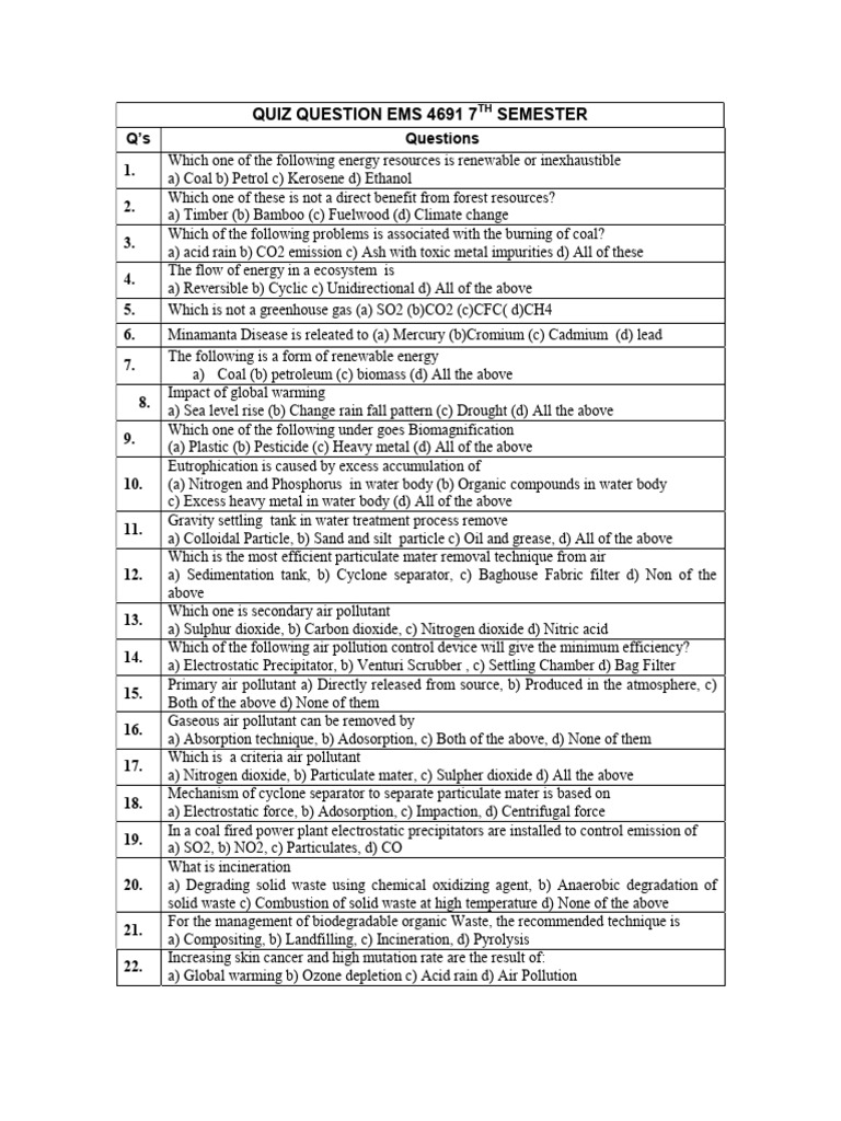 quiz ems 7th semester | PDF | Incineration | Particulates