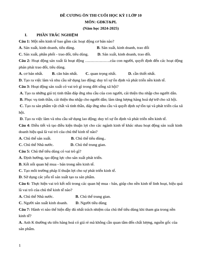 K10 - đề cương HKI (2023-2024) - HS | PDF