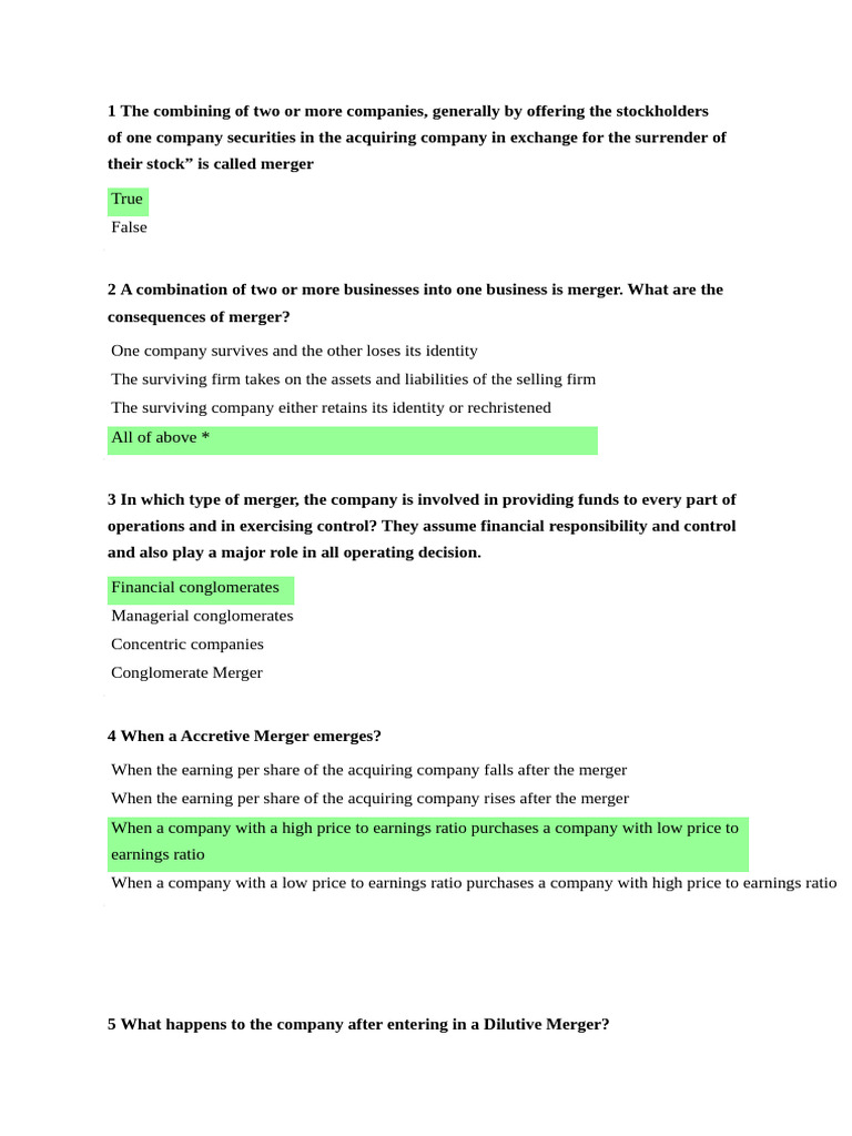 Mergers and Acquisitions Mid Term Exam MCQs | PDF | Mergers And Acquisitions | Takeover