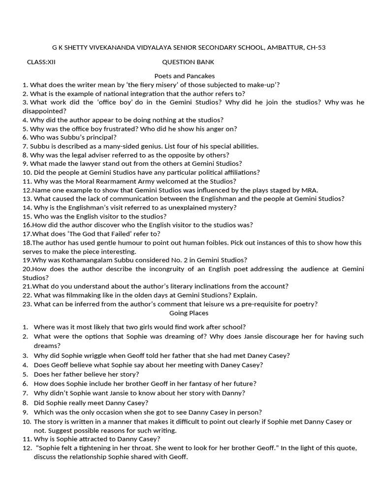 12 STD Term 2 Question Bank | PDF | Novels