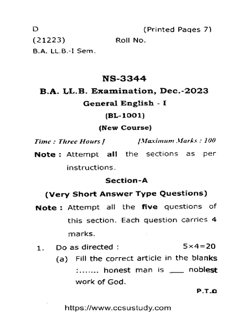 Ballb 1 Sem General English 1 Ns 3344 Dec 2023 | PDF