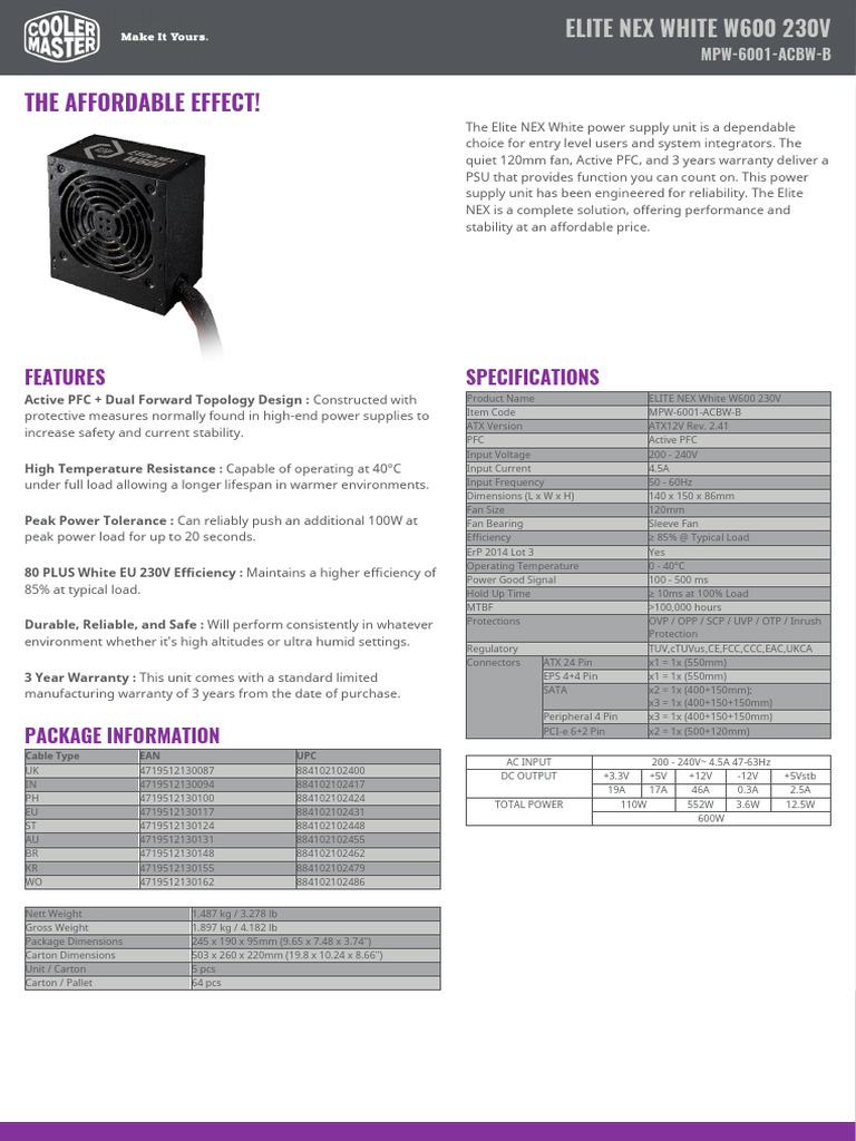 Product Sheet - ELITE NEX White W600 230V | PDF | Electrical ...