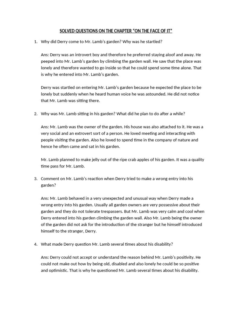 Questions On On The Face of It | PDF