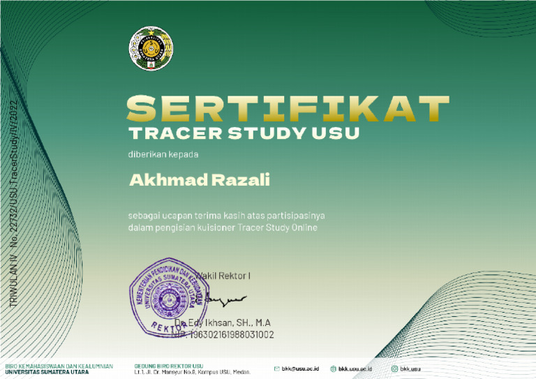 Sertifikat Tracer Study USU - Akhmad Razali NIM207048001 | PDF