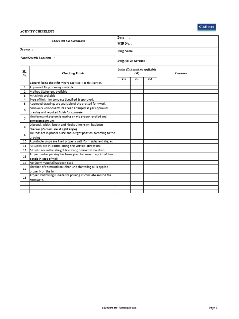 Checklist for Formwork | PDF | Building Engineering