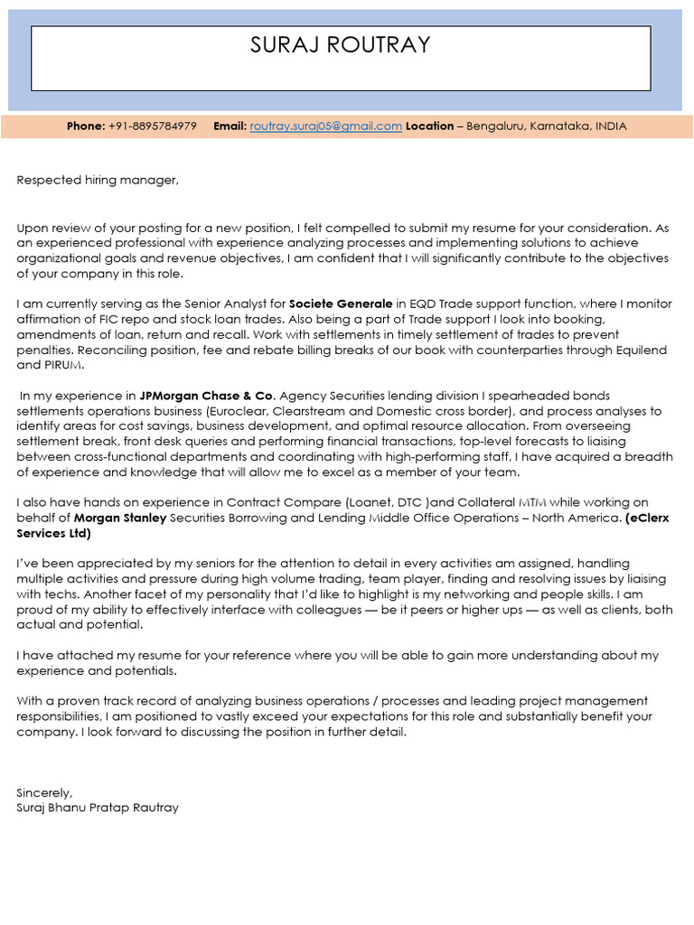 Suraj Routray Cover Letter | PDF | Repurchase Agreement | Financial Markets