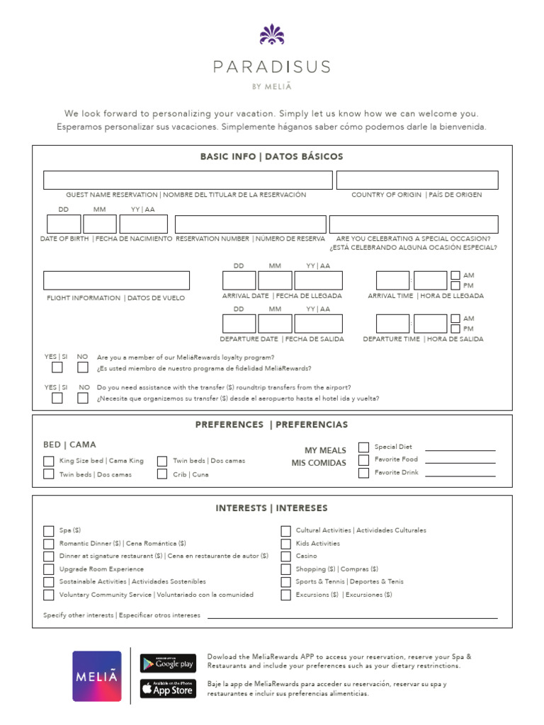 Paradisus Pre Arrival Form | PDF