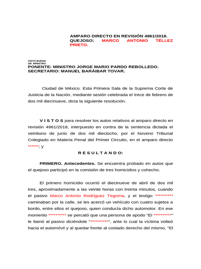 Amparo Directo en Revisión 4961/2018. Quejoso:: Marco Antonio Téllez ...